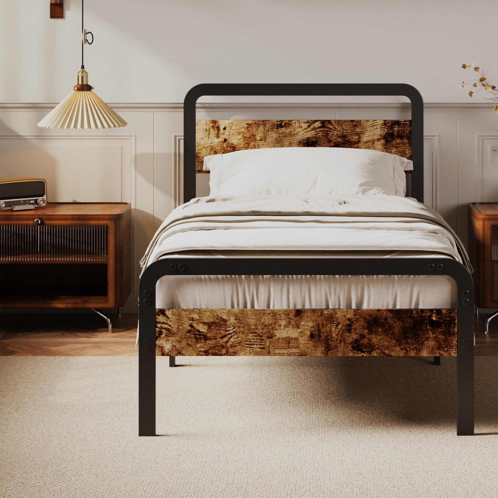 Upcanso 12 Inch Twin XL Bed Frame with Wood Headboard and Footboard, Platform Twin XL Bed Frames No Box Spring Needed with Heavy Duty Slats for Kids, Easy Assembly