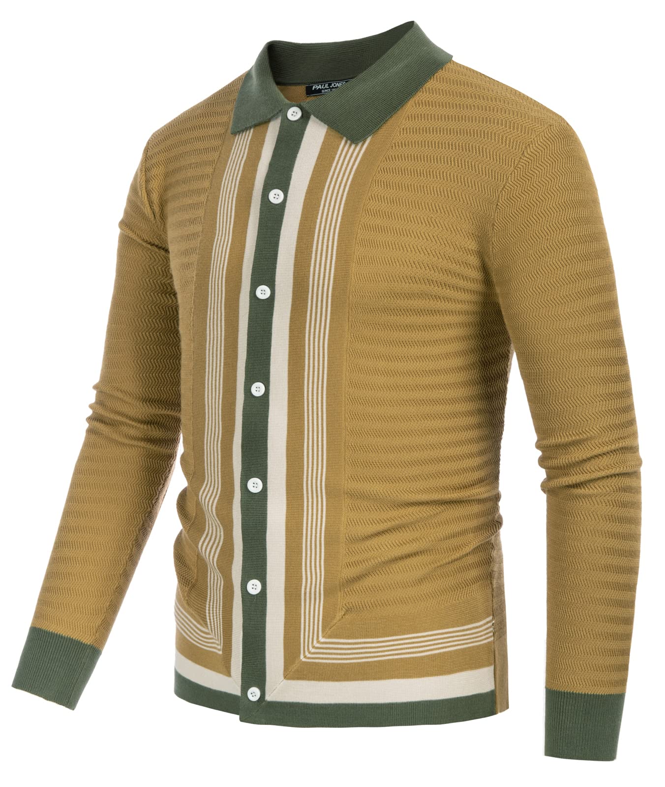 PJ PAUL JONES Men's Retro Contrast Striped Polo Shirts Long Sleeve Button Down Shirts