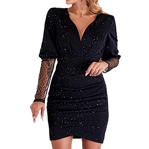 Pinkpaopao Women Ruched Prom Dress Deep V-Neck Half Mesh Splicing Long Sleeve Sequins Mini Dress