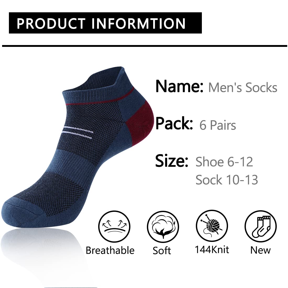pureluca No Show Socks Ankle Low Cut Socks for Mens, Non Slip, 6 Pairs, Blue
