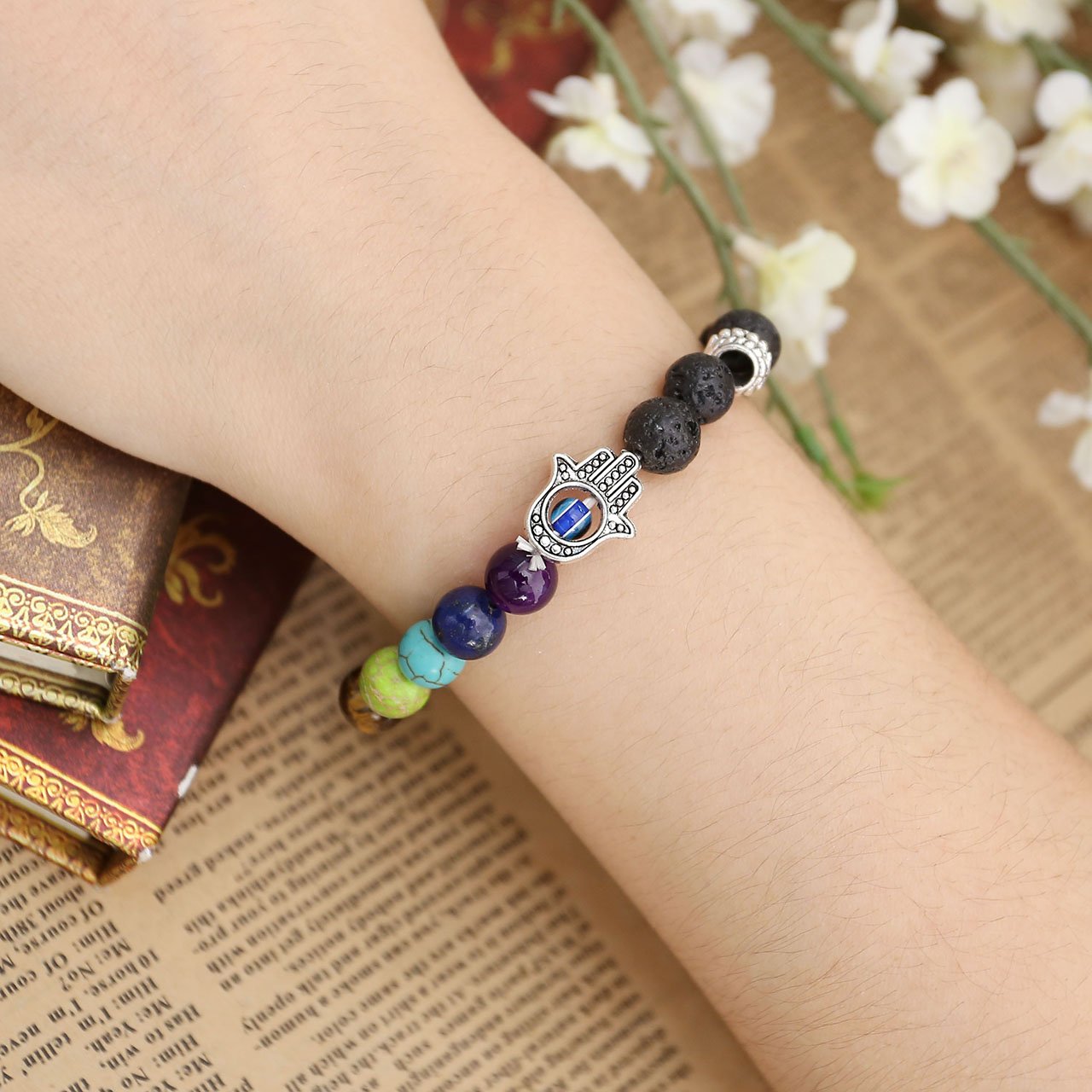 Jovivi 7 Chakras Gemstone Beaded Crystal Bracelet Hamsa Hand Evil Eye Natural Lava Rock Stone Essention Oils Diffuser Reiki Healing Balancing Round Beads Bracelet