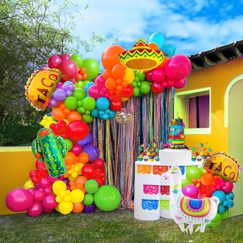 Mexican Fiesta balloon garland kit 130pcs Mexican Colorful Cinco De Mayo Decorations with Cactus Taco and Llama Foil Balloons For birthday Baby Shower Mexico Carnival party decorations