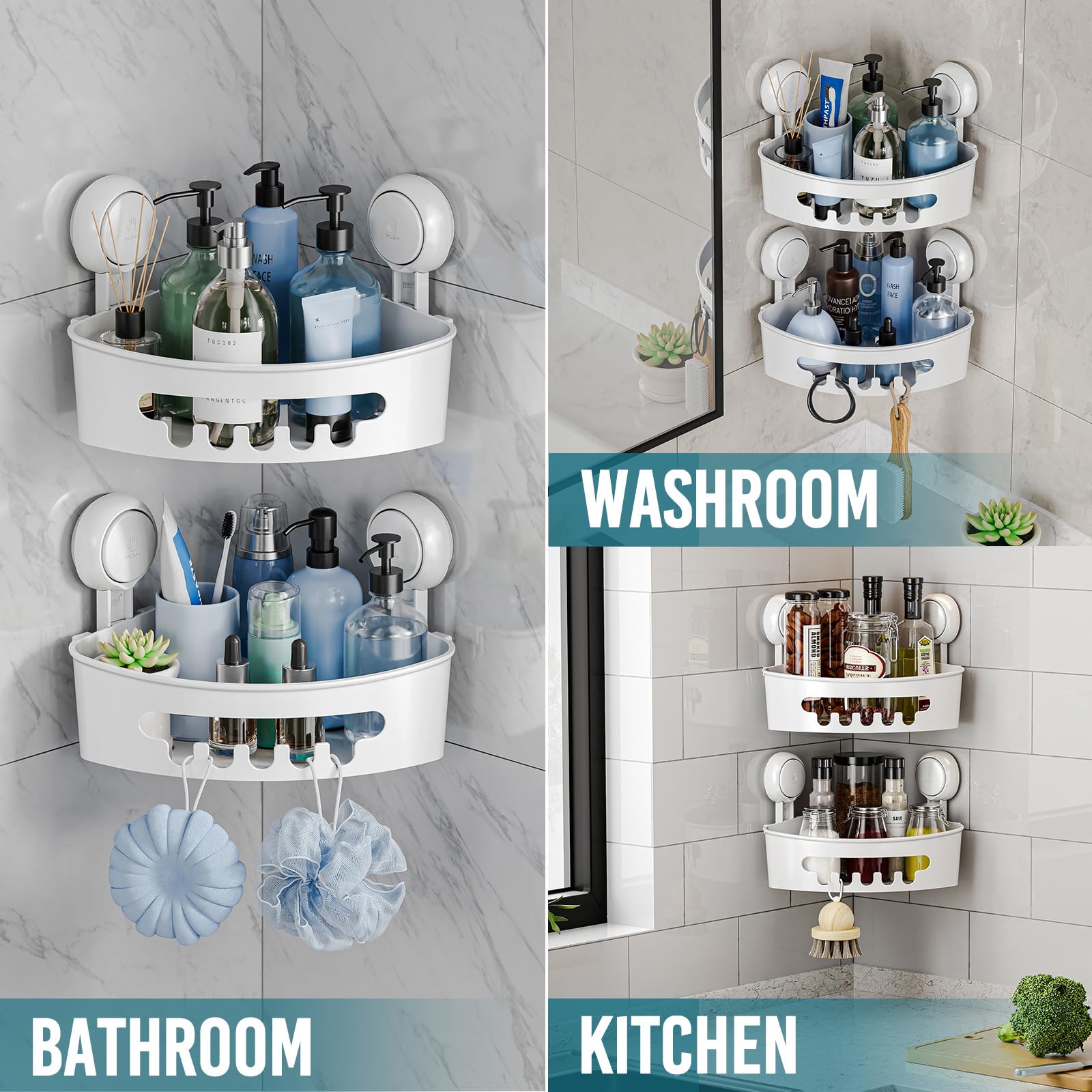TAILI Corner Shower Caddy Suction Cups Heavy Duty 2 Pack, Small Bathroom Shower Shelf Storage Wall Mounted shower Organizer for Shampoo,Conditioner,Plastic shower Basket, Drill-Free Removable