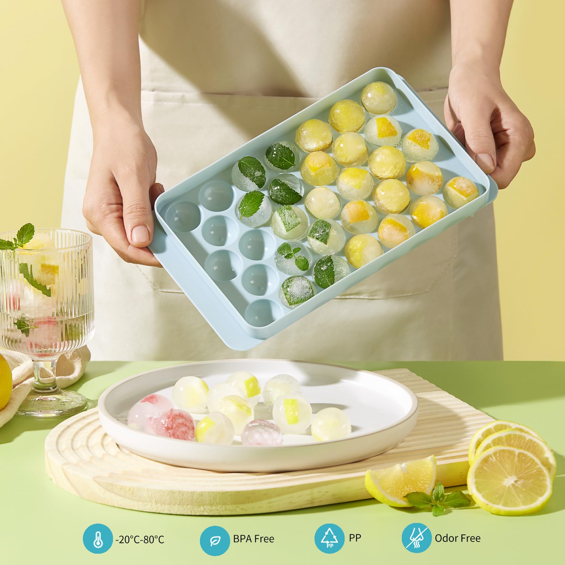 Ultrean Ice Cube Tray with Lid and Bin, Round Ice Cube Tray for Freezer, Making 66pcs Easy Release Ice Cube for Coffee, 2 Trays 1 Ice Container & Scoop