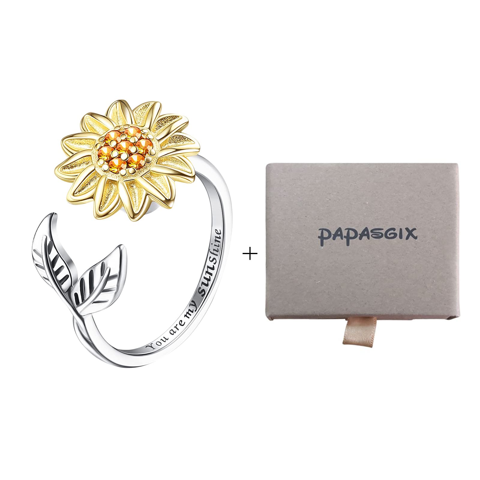 papasgix Sunflower Fidget Ring for Women, Sterling Silver Anxiety Ring for Stress Relief/Adjustable Open Rings Engraved You are My Sunshine
