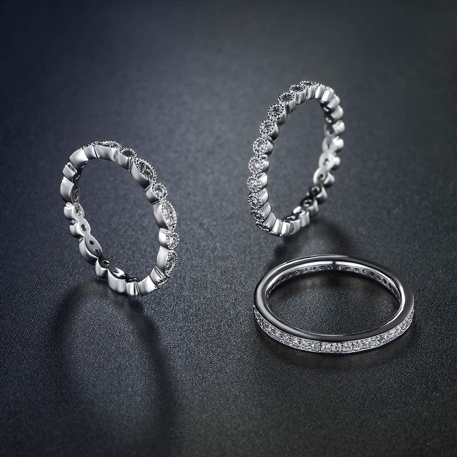 OPOMOMO 3 Pcs 2mm Women Stackable Eternity Ring Wedding Bands,18K White Gold Plated Cubic Zirconia Promise Rings Set (8)