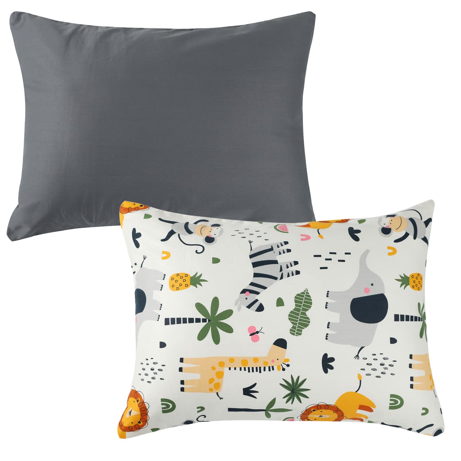 Tontukatu Toddler Pillowcase Set 2 Pack Super Soft Cotton Zipper Closure Travel Pillow Covers, Fits Pillow 14 x 19 13 x 18 12 x 16 Grey Elephant Lion