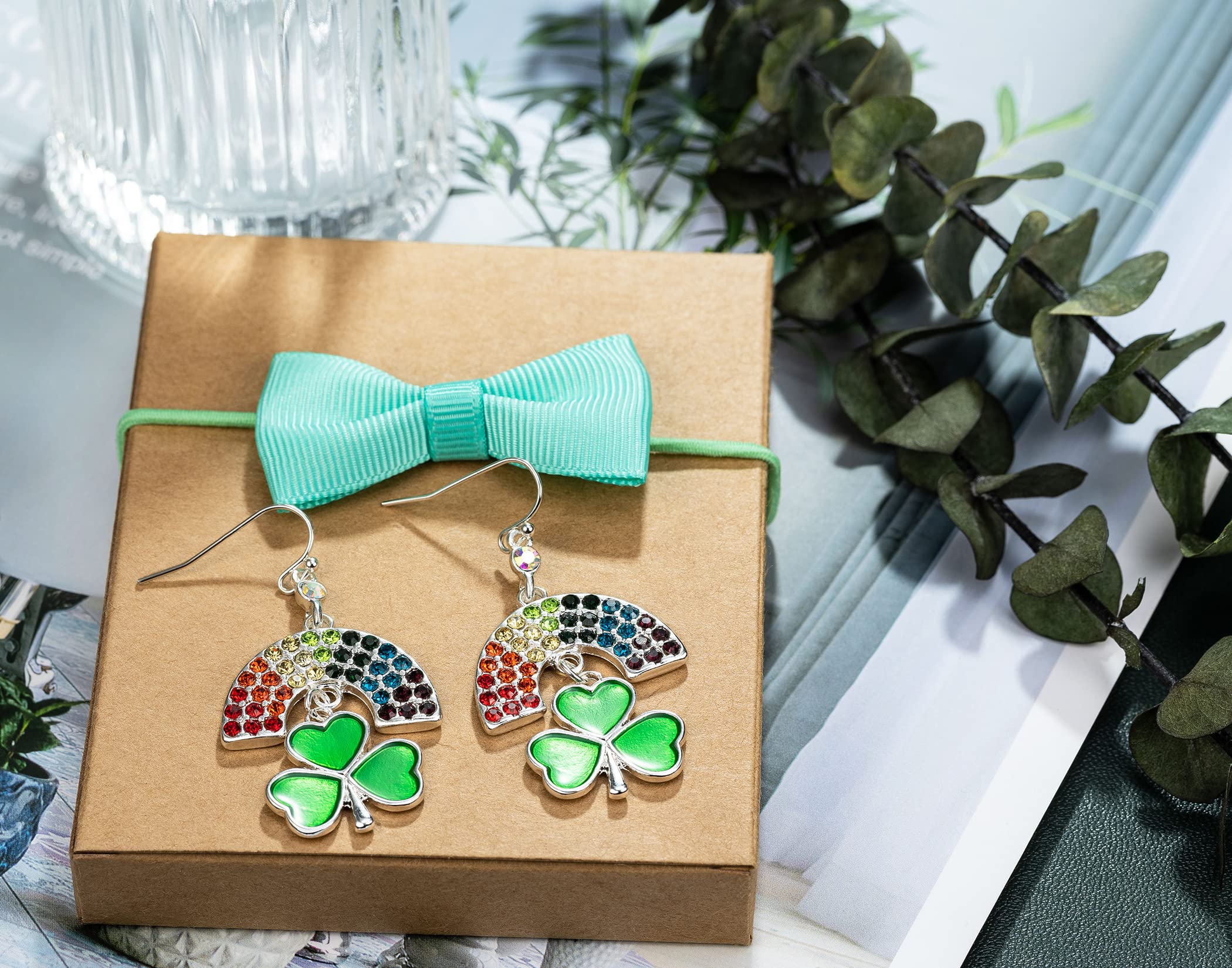 RareLove Silver Plated Rainbow with Shamrock Piercing Dangle Earrings Alloy Crystal St Patrick's Day Gift For Women
