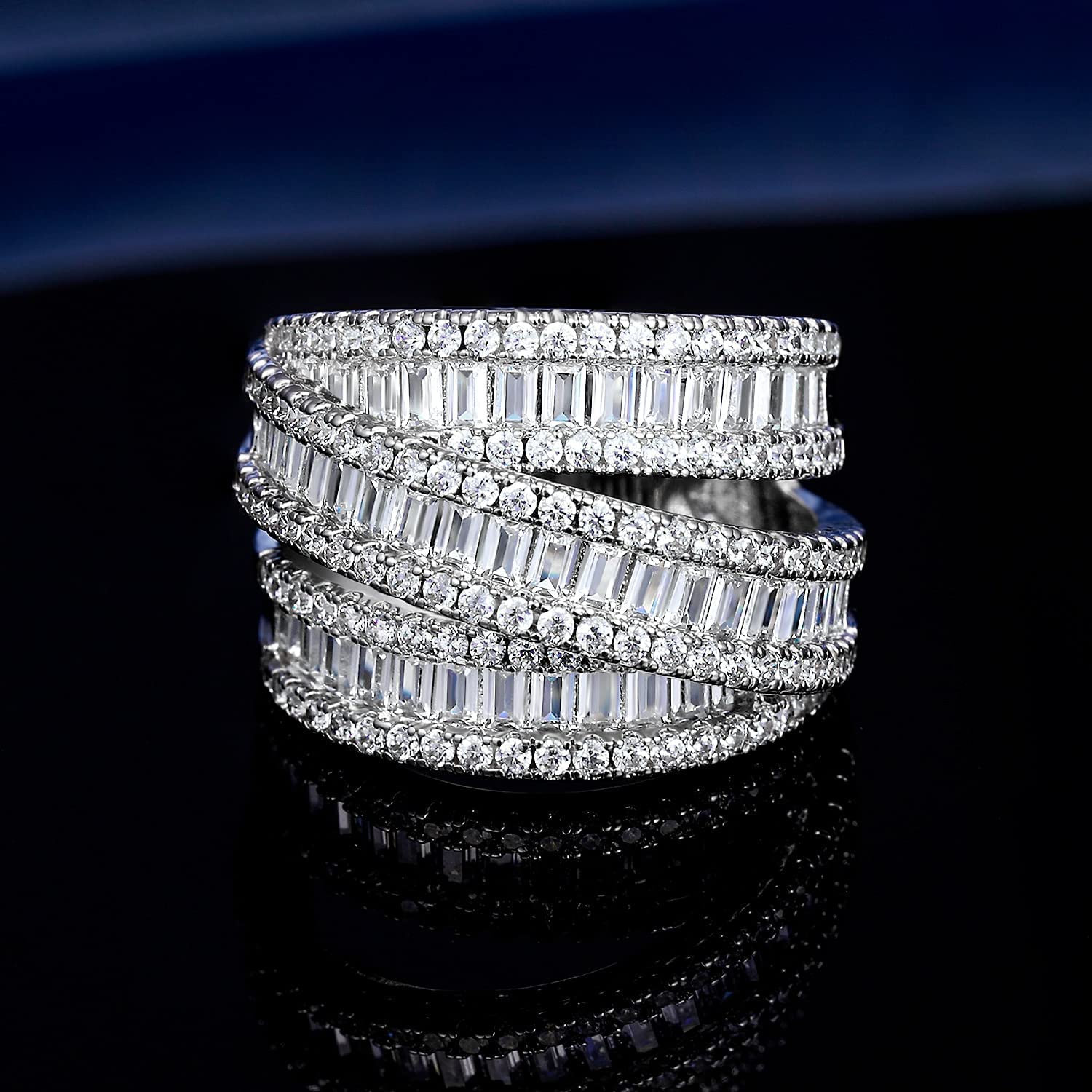 OPOMOMO Eternity Ring Wedding Bands,18K White Gold Plated 3 Rows Emerald Cut Lab Diamond Band Rings for Women Men (7) (C-white -3 rows, 7)