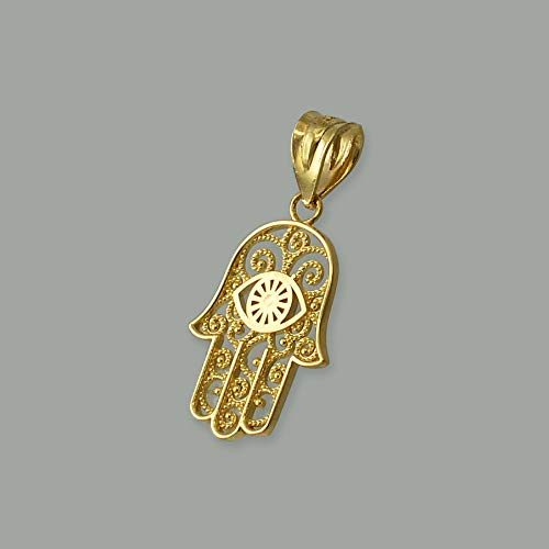 LA BLINGZ 10K Yellow Gold Hamsa Evil Eye Filigree Charm Necklace (20" Necklace)