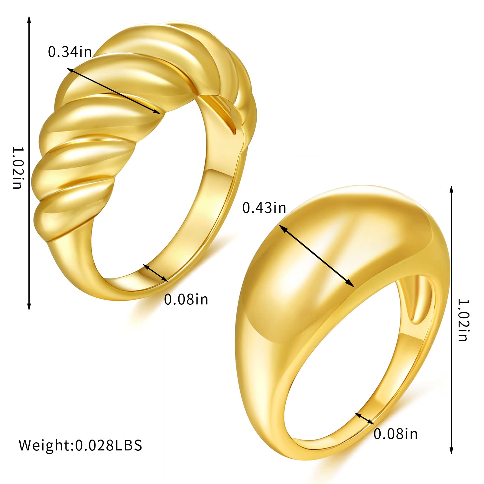 LKneckes Women Ring Beautiful Gold and Silver Thread Glossy Ring Set for Wedding 18K Gold Plated Croissant Dome Ring Twisted Braided Gold Plated Ring 2PCS (GOLD SIne 8)