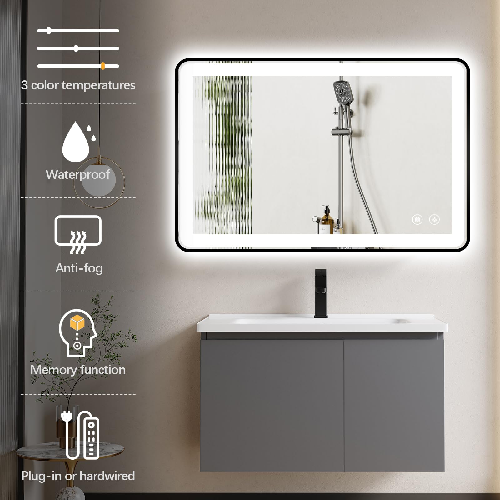 Niccy LED Bathroom Mirror, 30"x22" Rectangle Wall Mounted Vanity Mirrors with Metal Frame, Anti Fog Dimmable Smart Mirror for Bathroom/Bedroom/Livingroom/Entryway(Horizontal or Vertical),Black