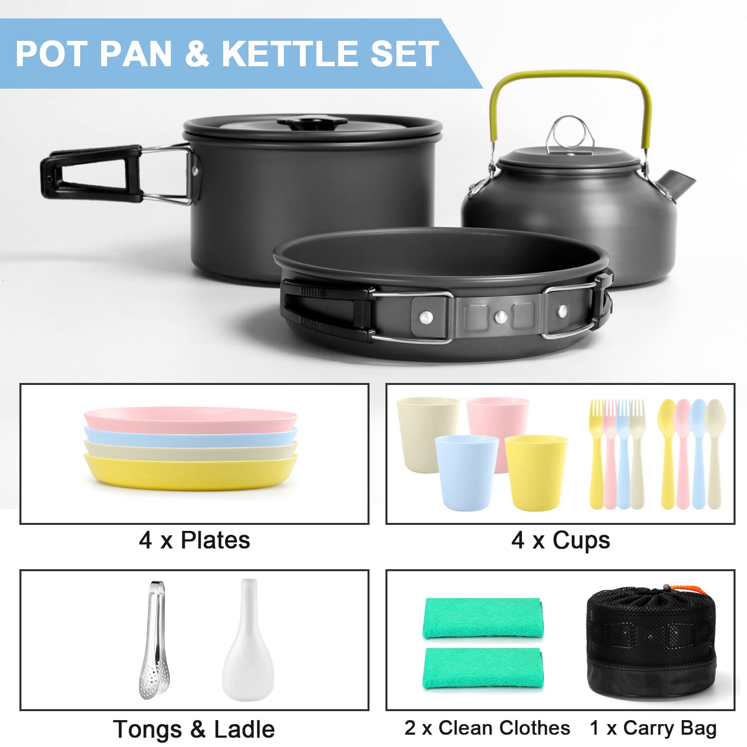 Odoland 24pcs Camping Cookware Kit, Non-Stick Lightweight Pot, Pan, Kettle Set with Plastic Cups, Portable Cookware Accessories for Outdoor Cooking, Hiking, Backpacking and Picnic