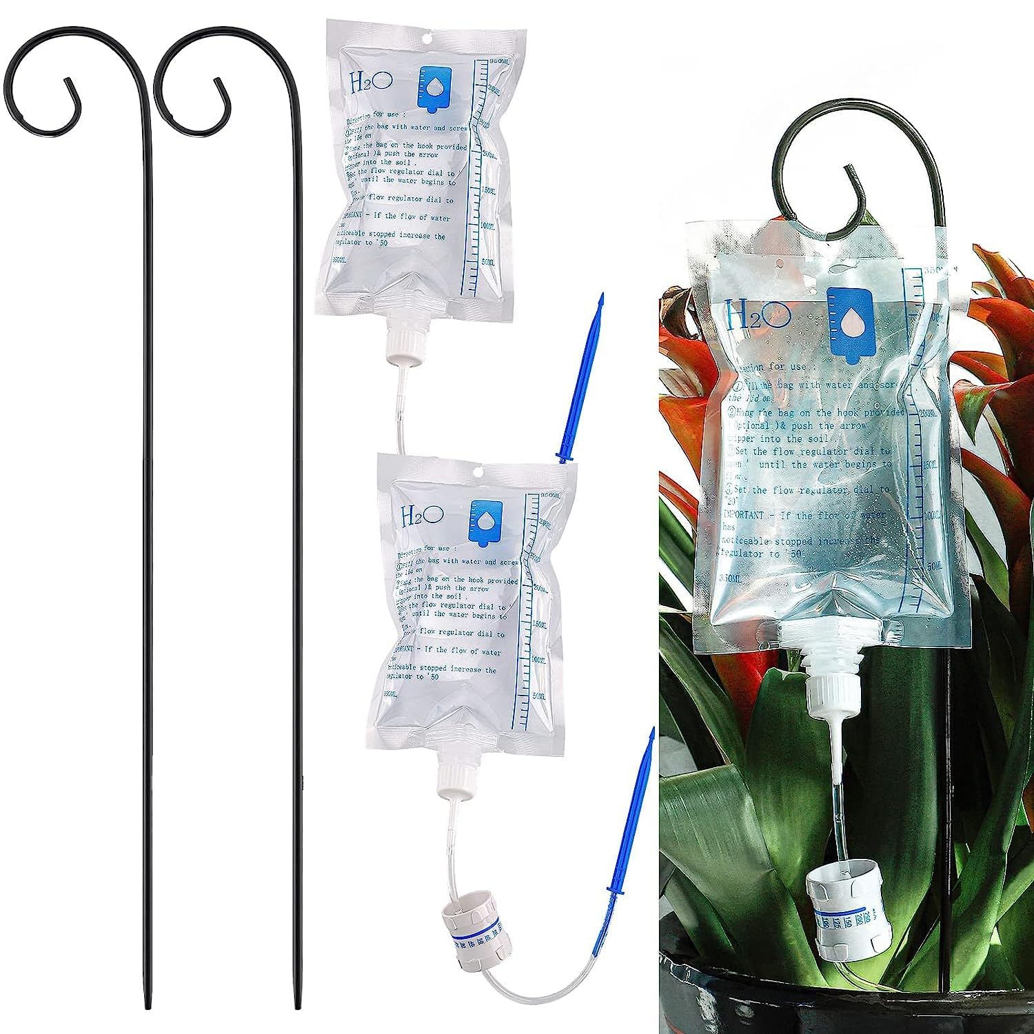 UCLEVER 2pack Plant Self Automatic Water Bag 350ml with Metal Support Rod Automatic Watering System for Indoor Outdoor Home Garden Potted Plants Flowers