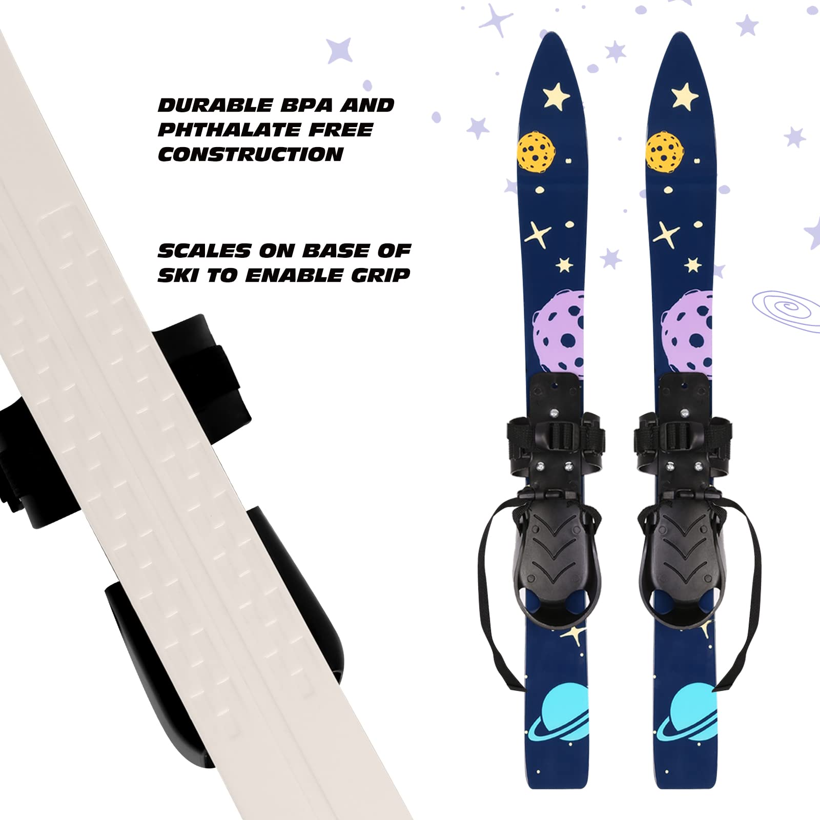 Odoland 4-in-1 Kid's Beginner Snow Skis with Poles, Training Harness and Ski Tip Connector, Low-Resistant Ski Boards for Age 4 and Under, Toddler Skiing Harness with Removable Leash, Dark Blue