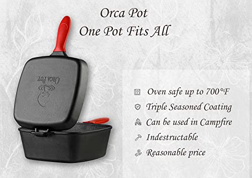 Orca pot 5in1 Cast Iron 6.5 Qt Dutch Oven Cooking Pot with Glass Lid, Cooking Pot for Baking, Frying, Steaming, Cast Iron Grill Lid, Steaming Plate & Basket
