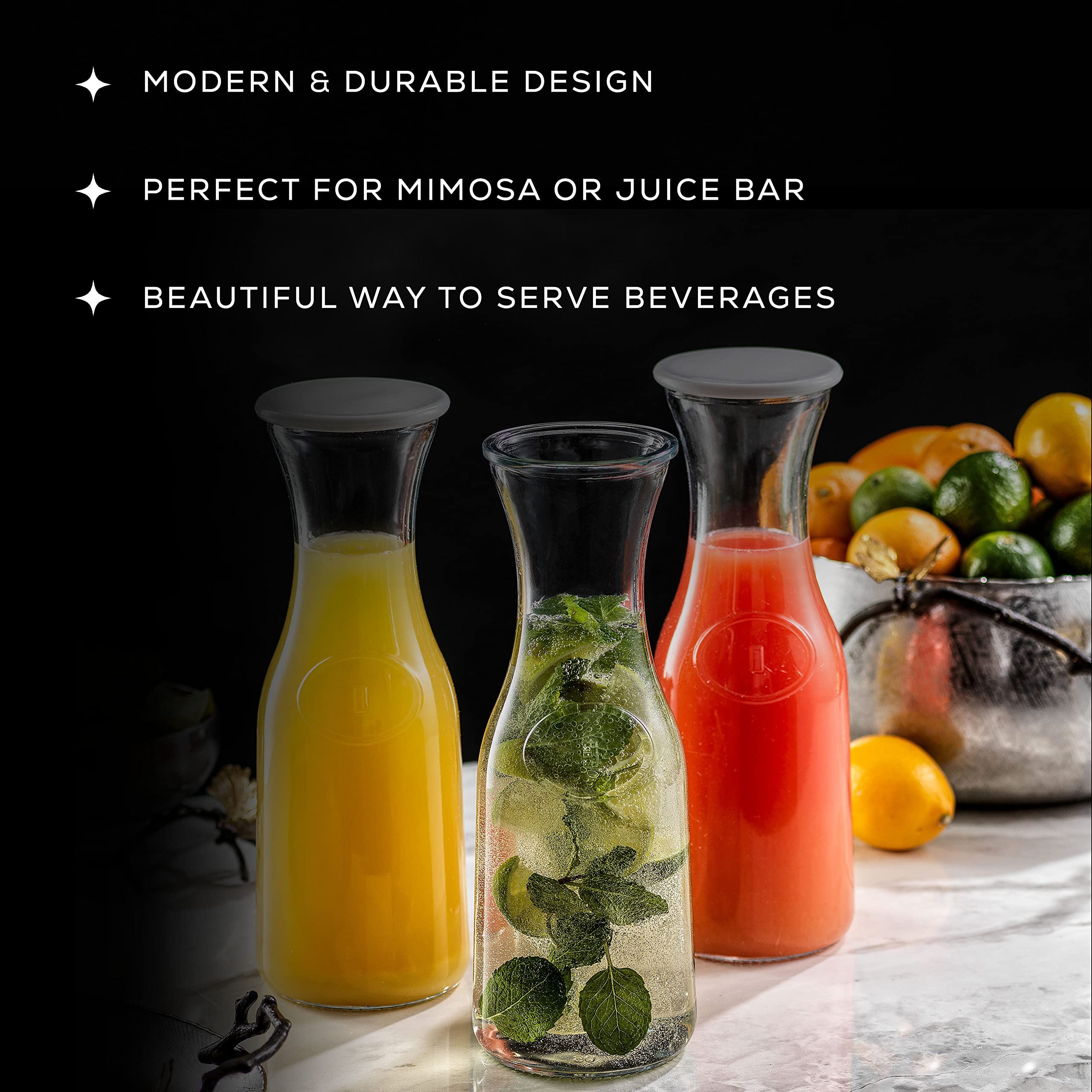 JoyJolt Glass Carafe with Lids. 4 Glass Carafes for Mimosa Bar 36 oz Capacity. 8 Lids! Brunch Decorations, Bedside Water Carafe, Orange Juice Container, Catering Drink Carafes & Pitchers for Parties
