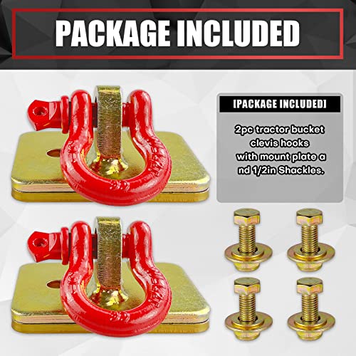 VIAGL 2pcs Bolt on Tractor Bucket Grab Clevis Mount Hooks with 1/2in D Ring Shackle Loader Chain Grab Hook, Gold and RED