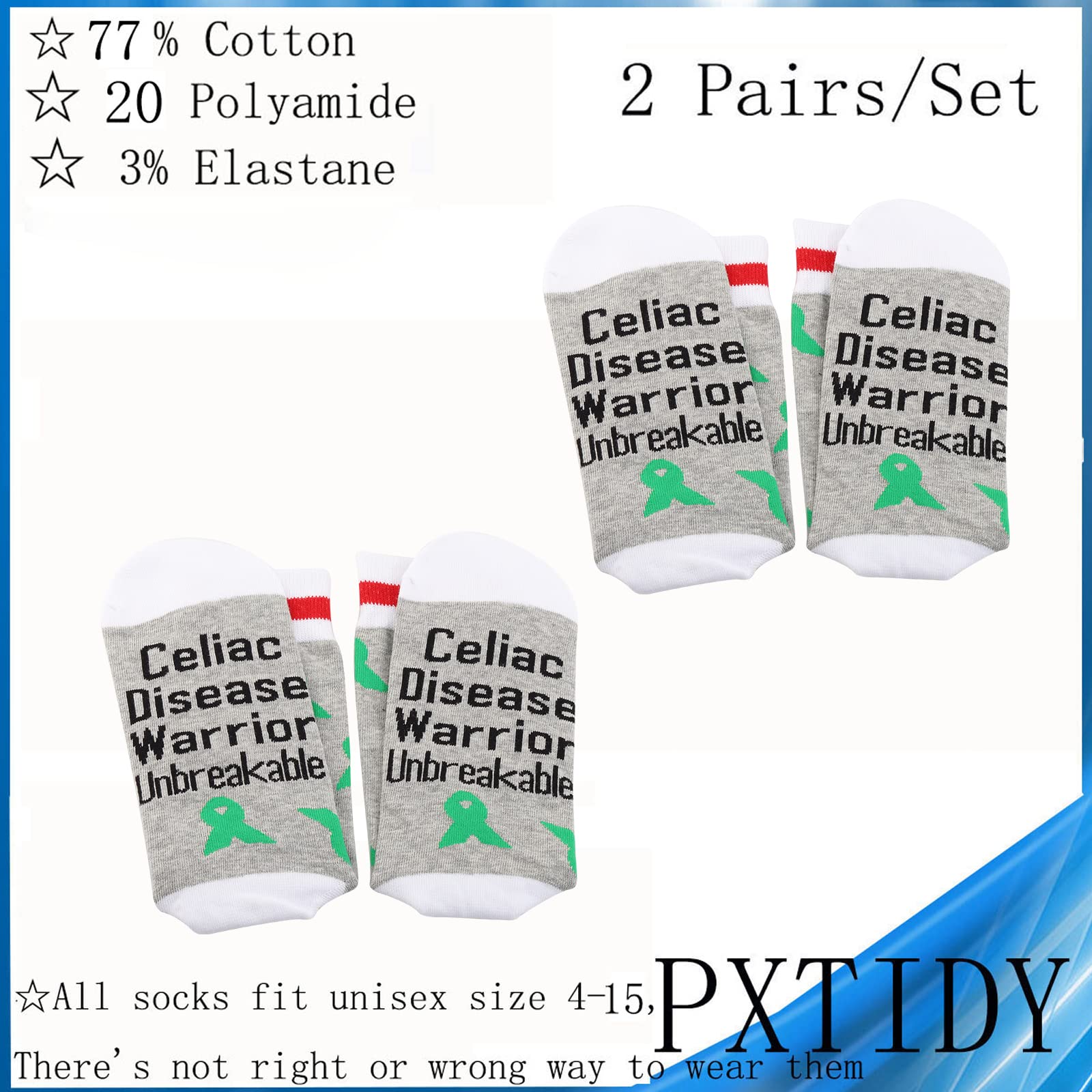 PXTIDY 2 Pairs Celiac Disease Awareness Socks Celiac Disease Warrior Unbreakable Green Ribbon Sock Celiac Warrior Gift (2pairs/set)