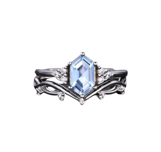 Retro hexagon Aquamarine Ring,Vintage Sterling Silver Ring Set,Unique Aquamarine Engagement Ring,Promise Ring,Anniversary Ring Gift For Her (ROSE GOLD, 6)