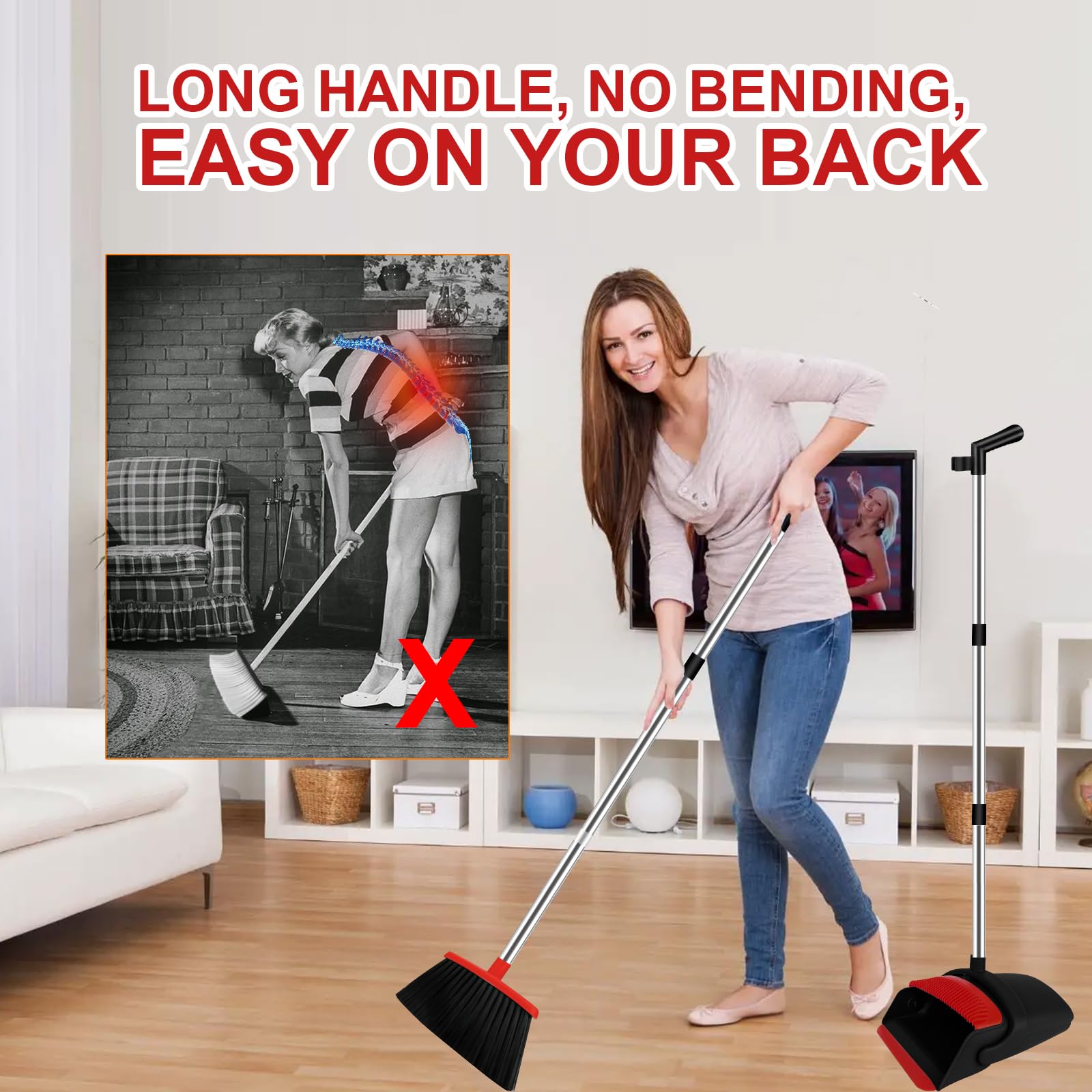 UDUK Broom and Dustpan Set for Household, Red House Broom with Dustpan Combo Set, 51β Long Handle Broom with Dustpan for Dog Cat and Hair Clean