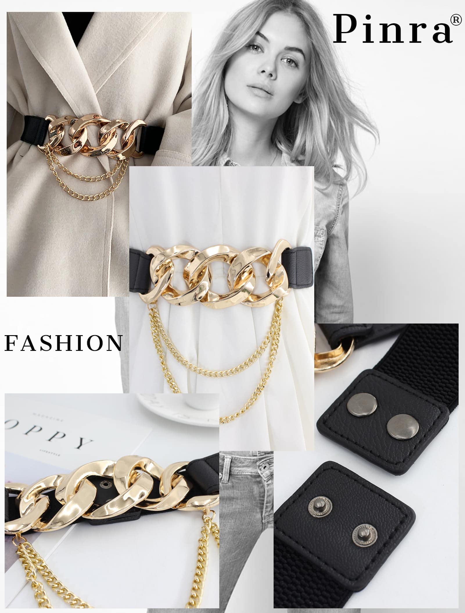 Pinra Leather Elastic Belts for Women Punk Stretchy Chain Belts Thick Black Belt with Gold Chain for Dress 70cm