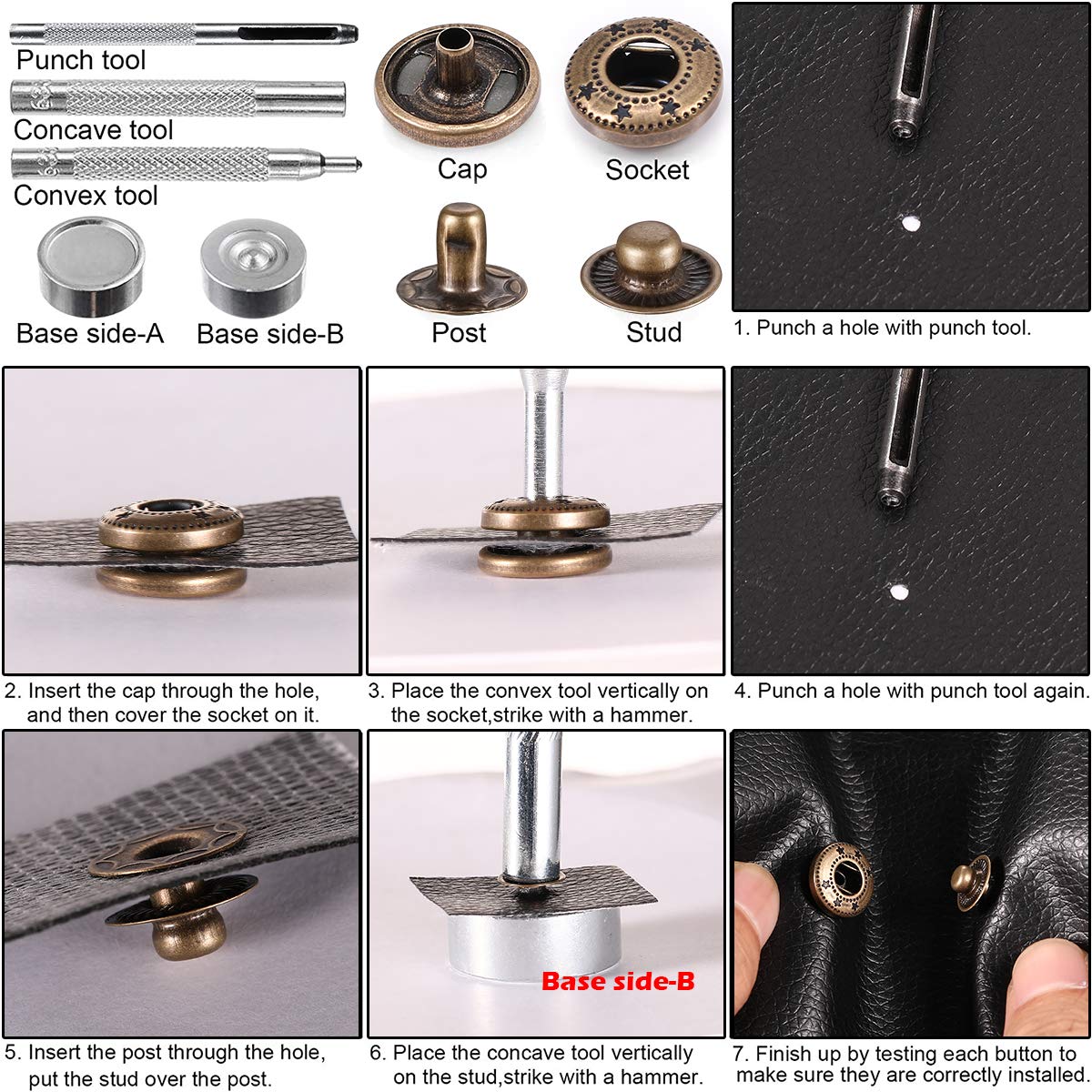 Leather Snap Button Fasteners Kit - Happon 120 Sets Metal Snap Kit with Punch Hole Pliers Press Rivets Repair Tool for Sewing Clothing Jeans Jacket - 4 Colors Snaps Studs Replacement