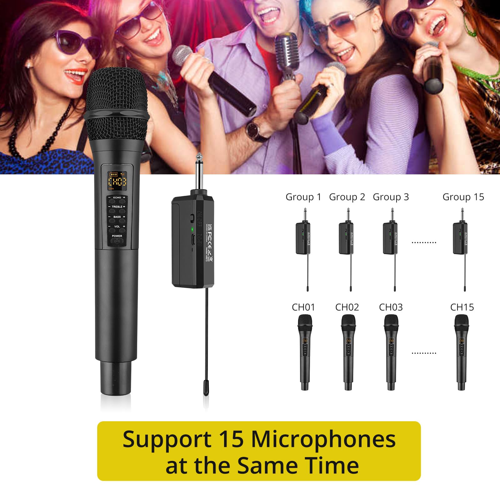 PROZOR Wireless Microphone with Volume Treble Bass Echo Control for Karaoke Machines, DJ, Singing, Church, Weddings, Speaker, amplifiers, PA Systems