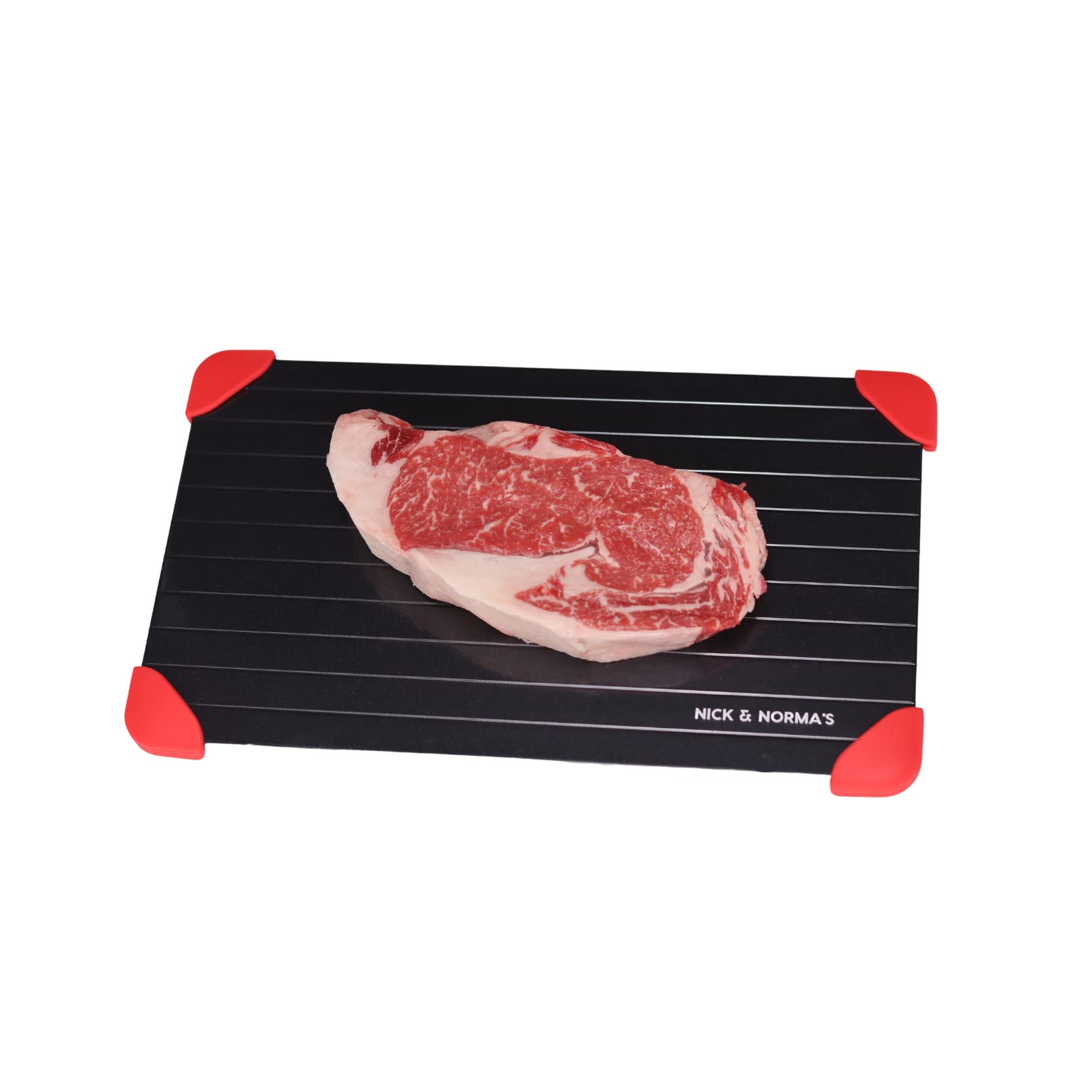 Nick & Norma's Kitchen Defrosting Tray for Frozen Meat β Thermal - Conducting Aluminum Defrosting Plate Board β Large Defrost Thawing Tray for Frozen Meat, Fish, Veggies - Silicone Riser & Water Ridge