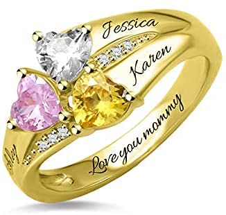 Mothers Ring Sterling Silver with 3 Birthstones & Names Personalized Women Band Custom Three Heart Shaped Stones Children Names White Gold Plated Gift for Mothers Day from Son Daughter