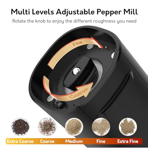 Syaws Electric Pepper and Salt Grinder 1 Pack,Battery Powered Pepper Grinders,Automatic Pepper Mill with LED Light,Adjustable Coarseness One-Hand Operation(Single Black-Battery Operated)