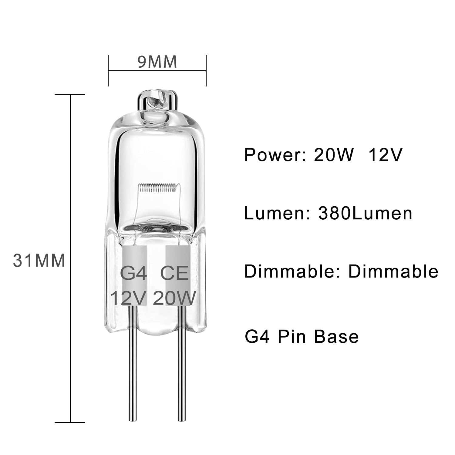 Ugvmn G4 Halogen Light Bulbs 20W 12V Clear Capsule Halogen Light Bulb 2 Pin Warm White 2700K Dimmable, Bi-Pin G4 Base for Cooker Hood, Crystal Chandeliers, Bathroom, 10 Pack