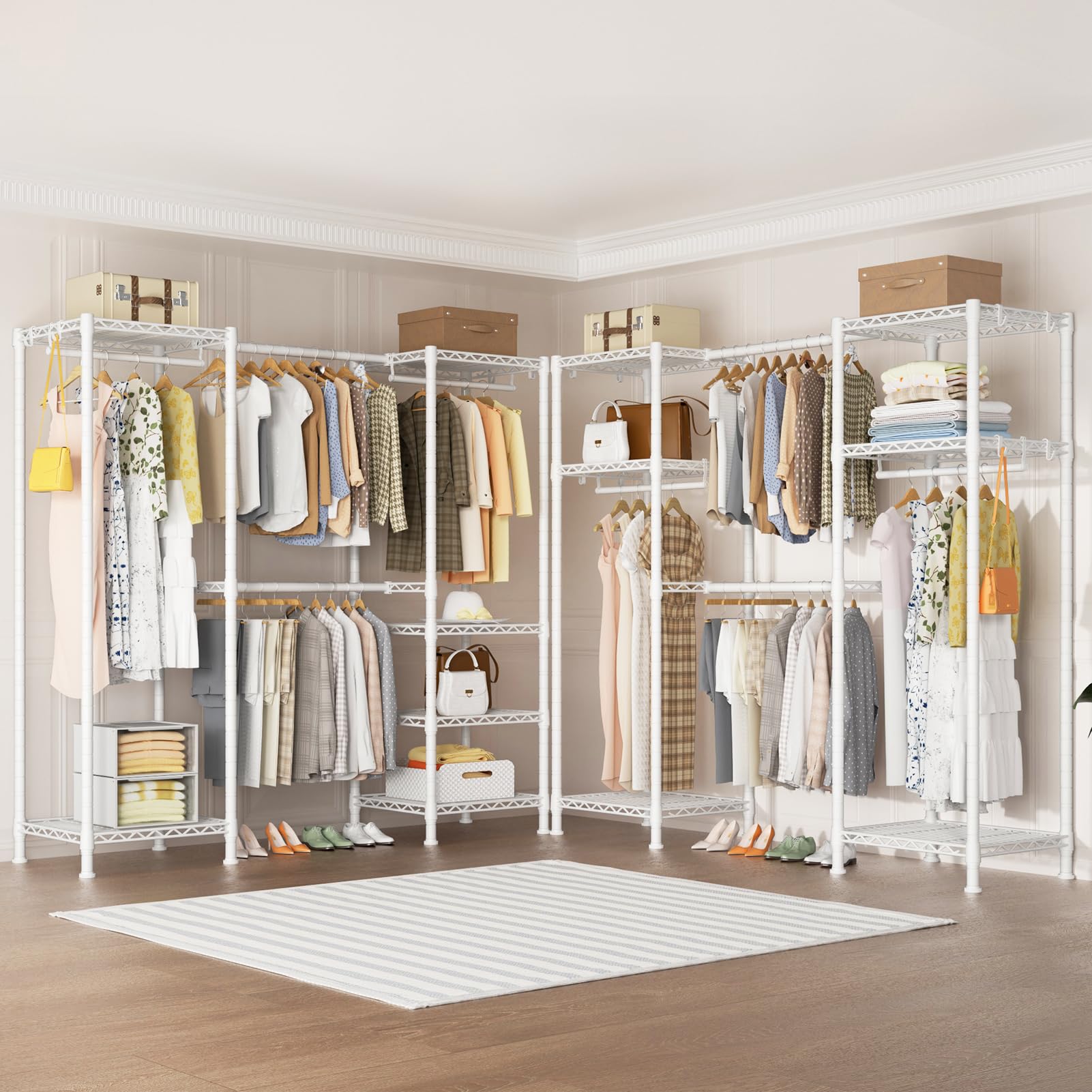 Ulif E7 Heavy Duty Garment Rack, Clothes Organizer and Storage Rack with Expandable Hangers, Metal Clothing Rack with 6 Wire Shelves, (52.3"-72") W x 14.5" D x 71.2" H, Load 740 LBS, White