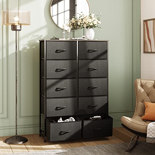 WLIVE 10-Drawer Dresser, Fabric Storage Tower for Bedroom, Hallway, Nursery, Closets, Tall Chest Organizer Unit with Textured Print Bins, Steel Frame, Wood Top, Easy Pull Handle, Charcoal Black