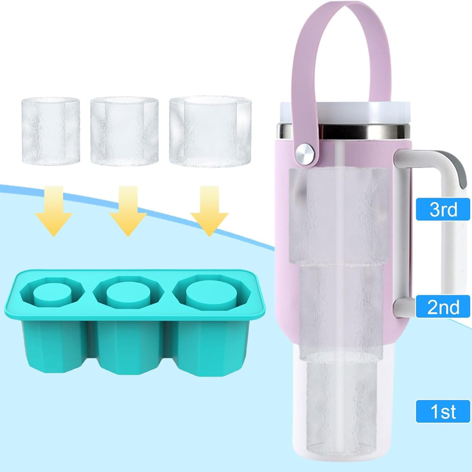 UPZPEOM 2 PCS Ice Cube Tray for Tumbler Cup, Silicone Ice Cube Molds With Lid and Bin for Chilling Cocktails, Whiskey, Drinks, Coffee, Easy Fill and Release Ice Maker, LARGE, Blue