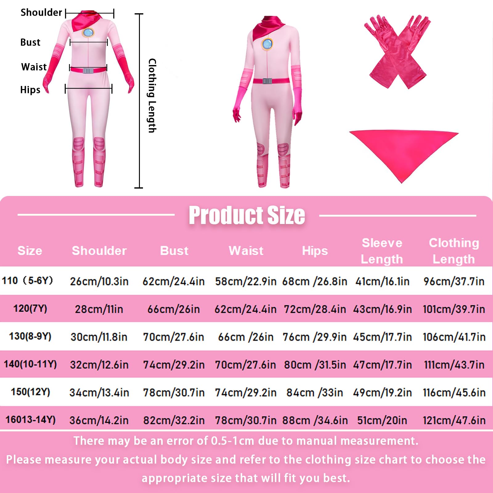 KDFJIEelf Peach Super Brothers Costume for Girls, New Models Peach Cosplay Combat Bodysuit, for Halloween (120(7Y)