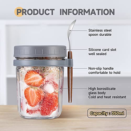 Wdcme 3 Pack Glass Mason Overnight Oats Jars with Airtight Lids and Spoons,12 oz Reusable Overnight Oats Containers with Measurement Marks (Green-Yellow-Grey)