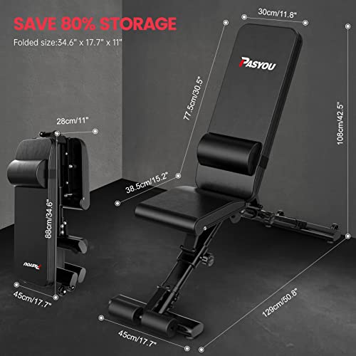 PASYOU Adjustable Weight Bench,880LB Weight Capacity for Strength Training Bench Press Foldable Incline Decline Bench for Full Body Workout PA500