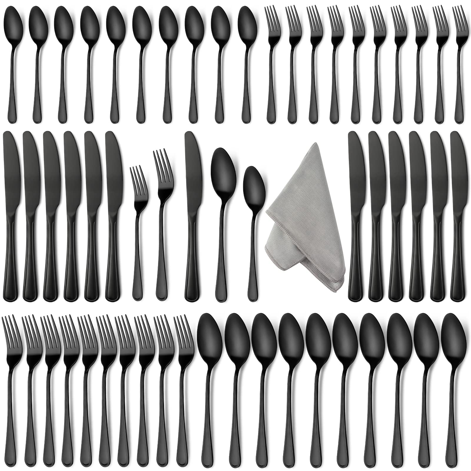KONIGEEHRE 60 PCS Matte Black Silverware Set for 12, Stainless Steel Flatware Cutlery Set For Home Restaurant Hotel, Kitchen Utensils Set, Mirror Polished, Dishwasher Safe