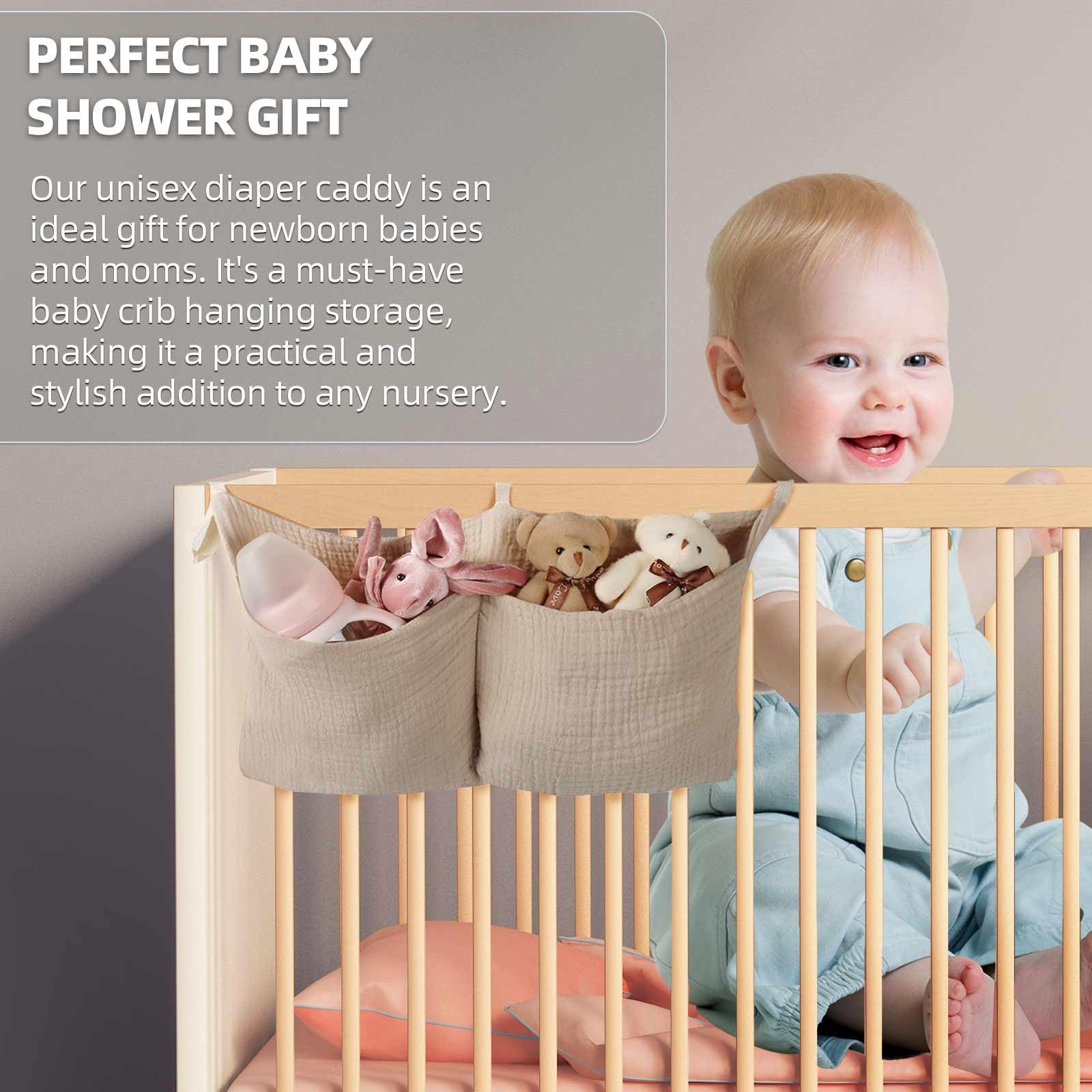 LuQiBabe 8"x15" Diaper Caddy and Organizer for Changing Table Crib Multi-Functional Hanging Diaper Stacker Nursery Organizer for Cribs Diaper Holder Baby Crib Hanging Storage and Accessories - Khaki