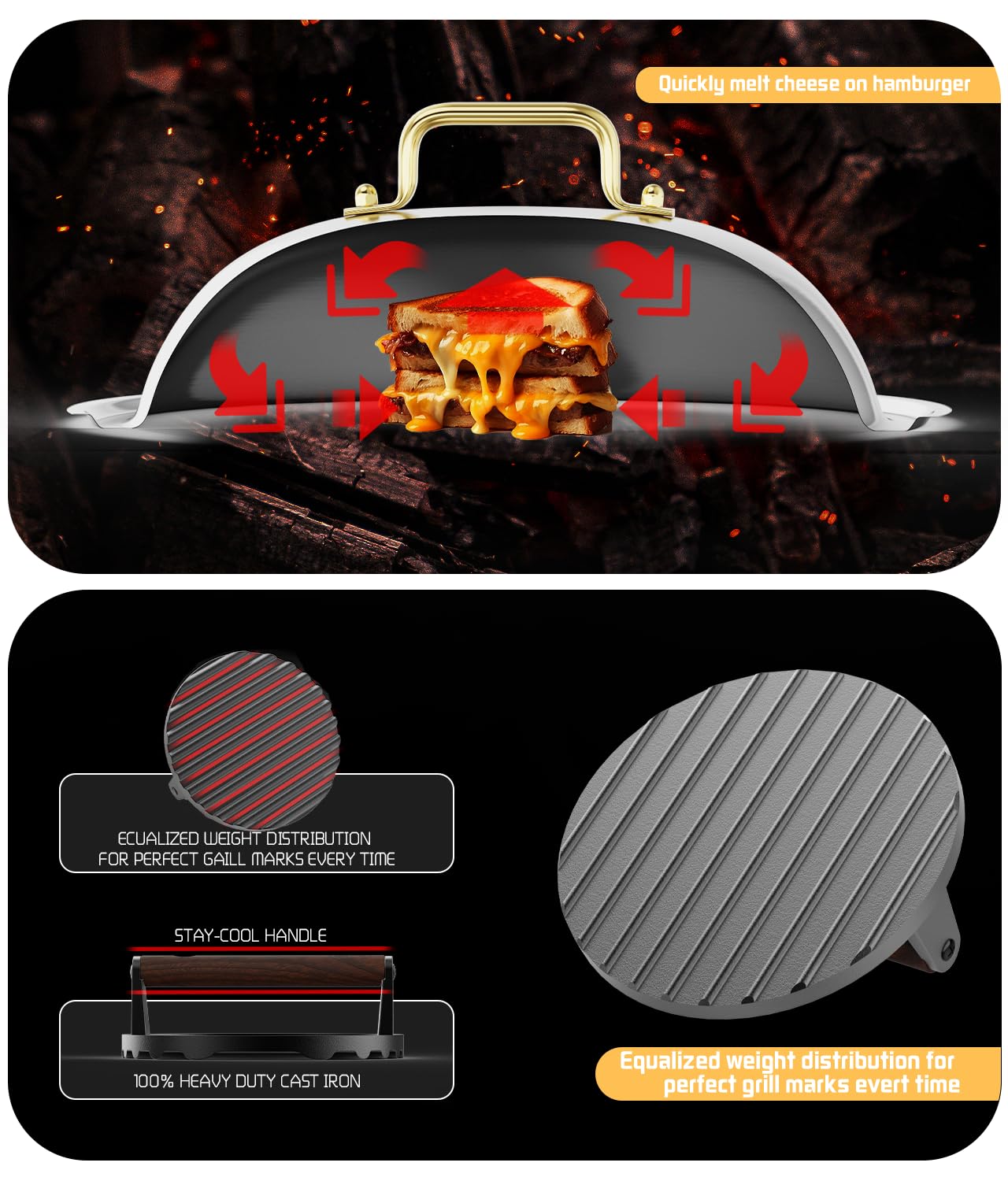 SemiShare Griddle Accessories for Blackstone, Commercial Grade 12 Inch Heavy Duty Round Melting Dome with 7" Round Cast Iron Grill Burger Bacon Press…