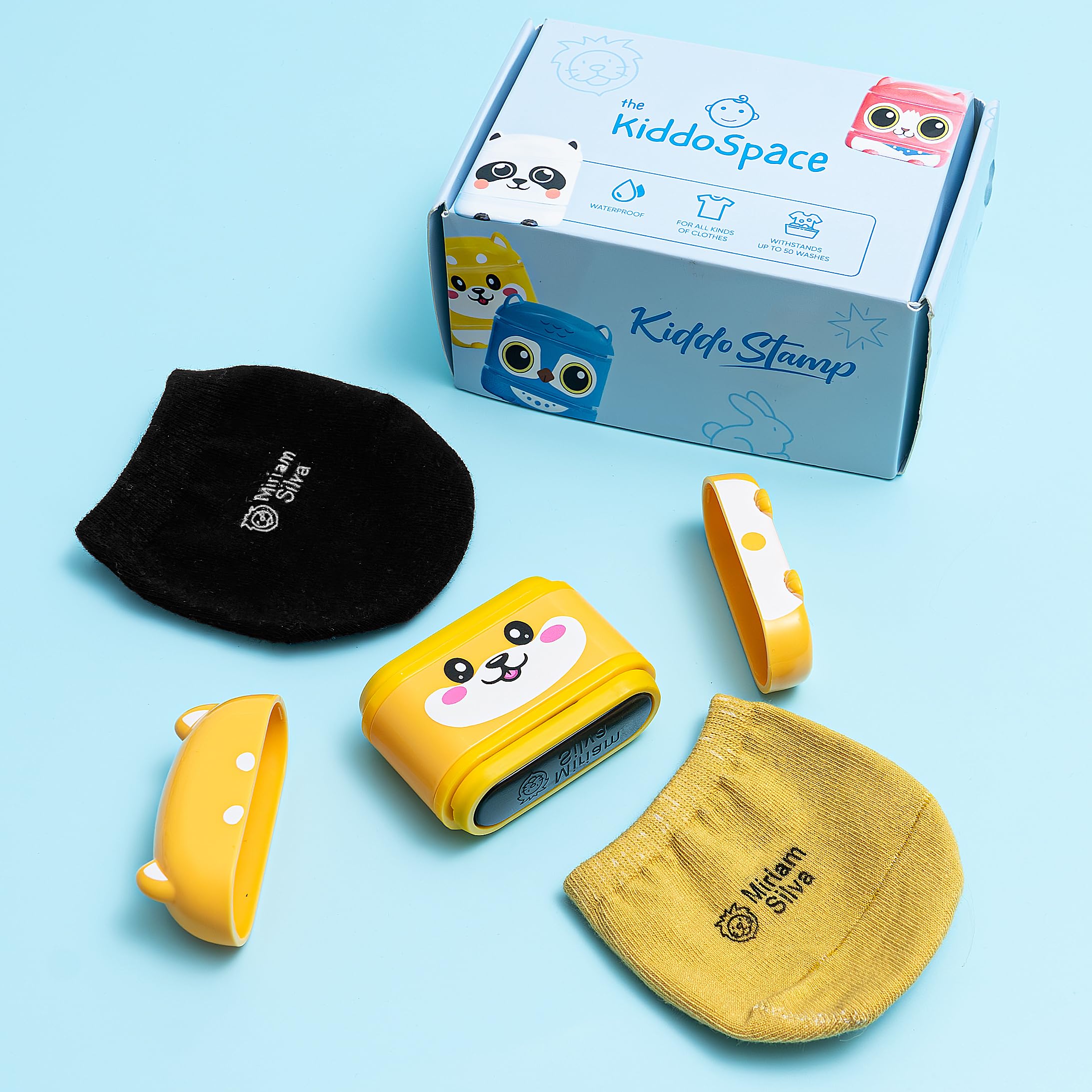 KiddoSpace Name Stamp for Clothing Kids - Kiddostamp⢠Customized Double Sided Name Stamp - Personalised Clothing Stamps - Waterproof Name Stamp (White + Black Ink)