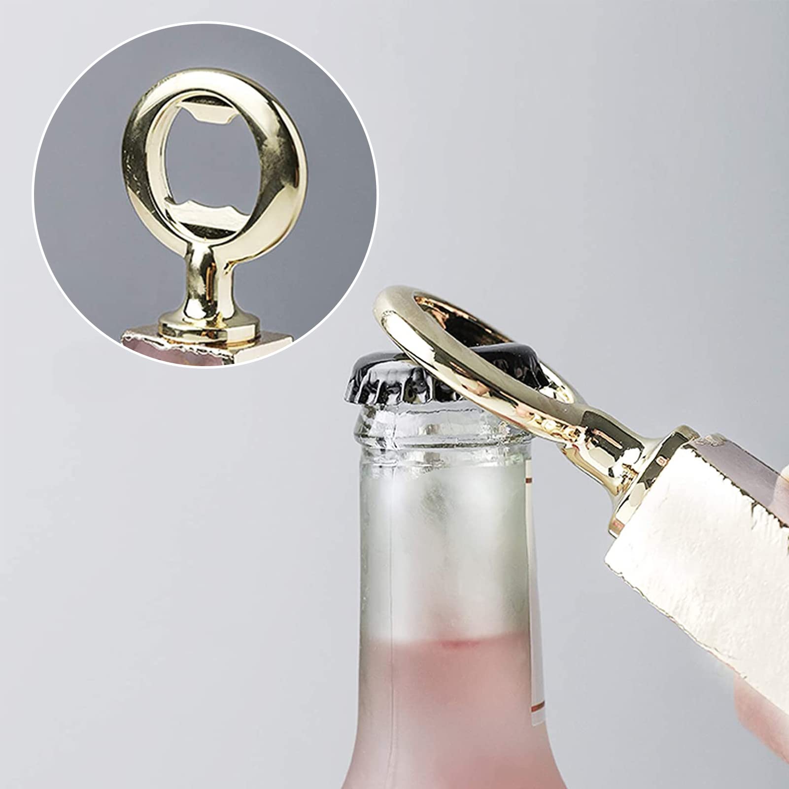 RIAQKGD Gemstone Bottle Opener,1Pcs Rose Quartz Agate Beer Bottle Opener for Holiday Wedding Christmas Gift,Crystal Stone Bottle Opener with Gold Rim,Wine Bar Tools