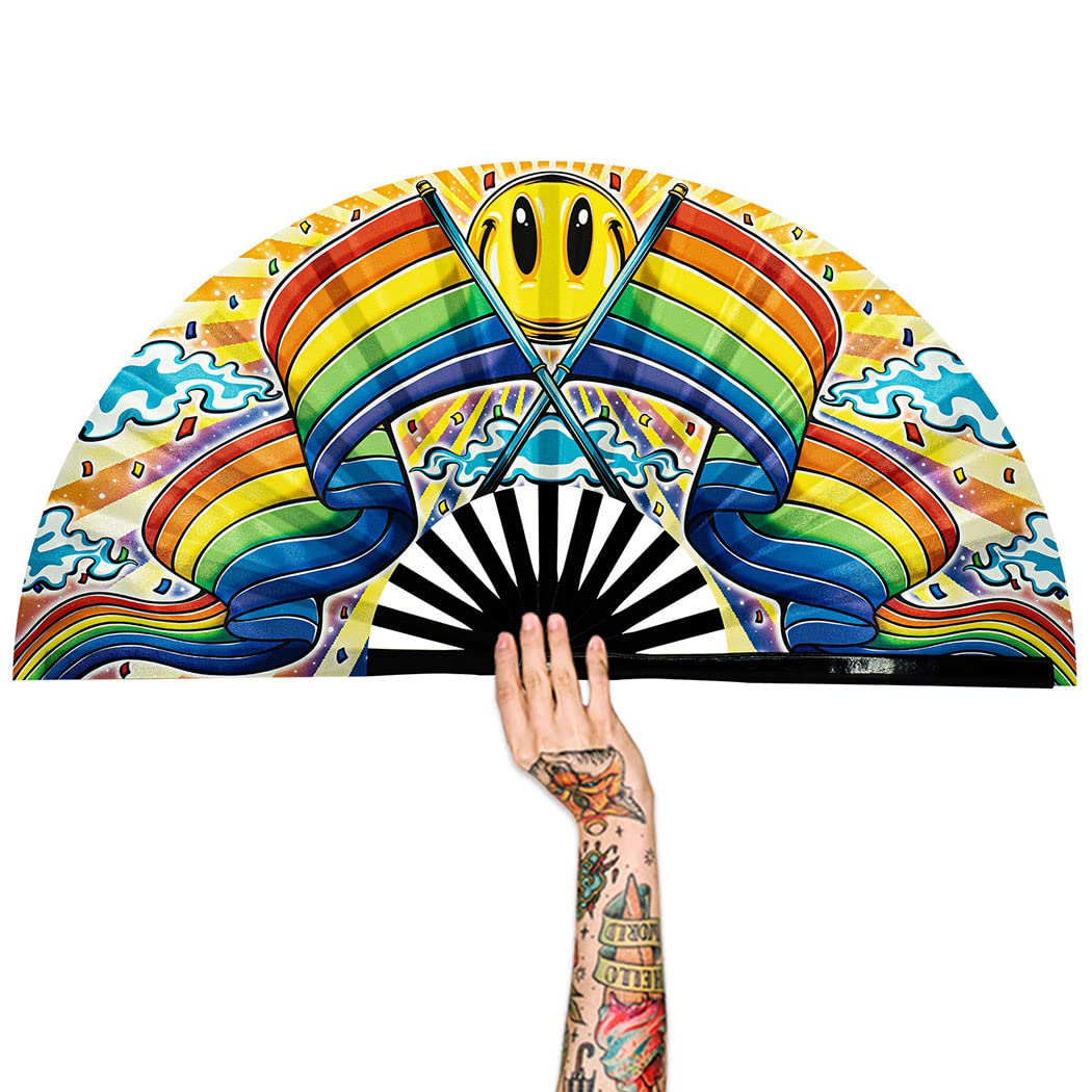 Raveahem UV Glow Rave Fan, Bamboo Folding Clack Hand Fan for Men Women (Rainbow, Large 13")
