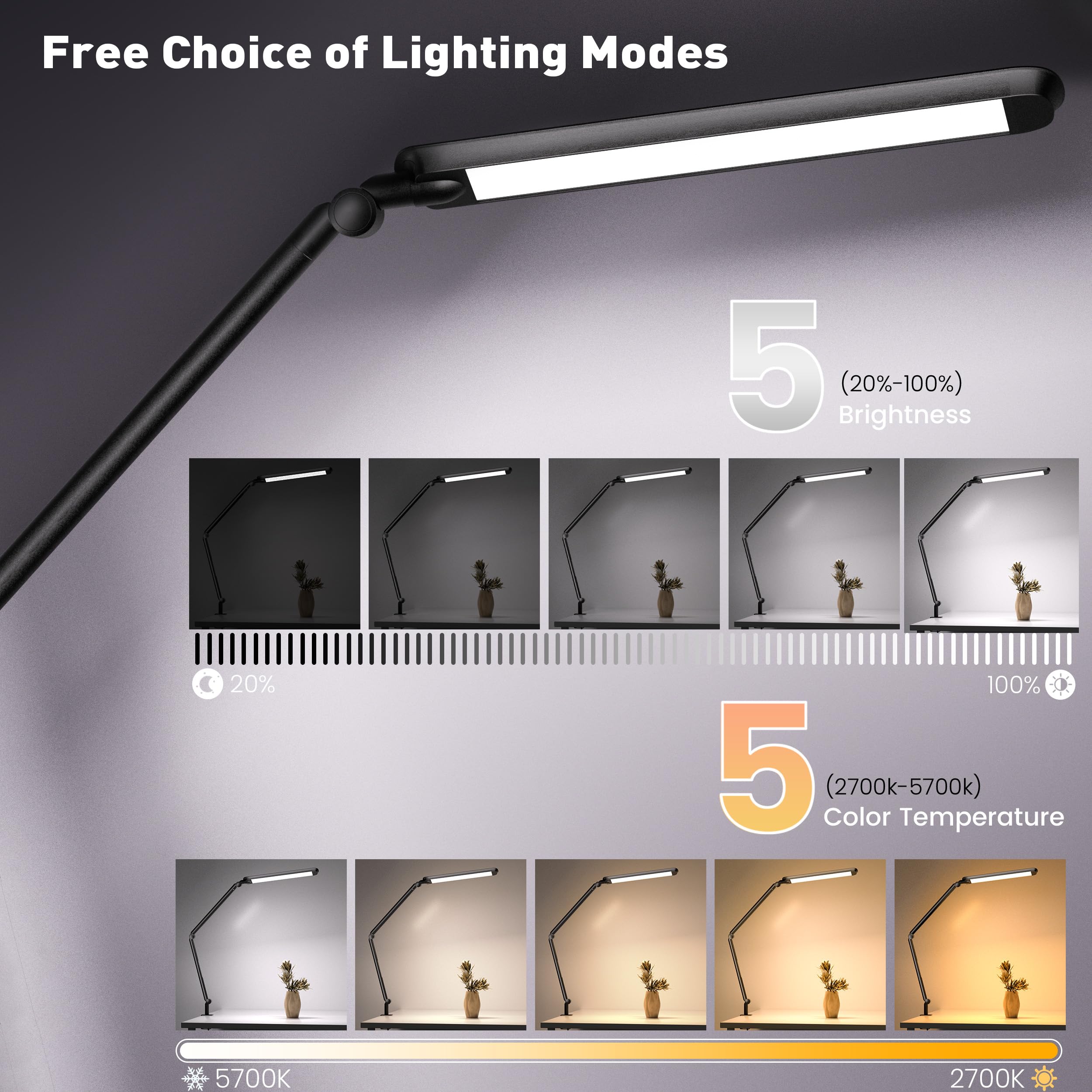 LED Desk Lamp with Clamp, 12W Eye-Caring Swing Arm Table Lamp, Stepless Dimming and Adjustable Color Temperature,Modern Architect Lamp with Memory and Timing Function for Study, Work, Home, Office