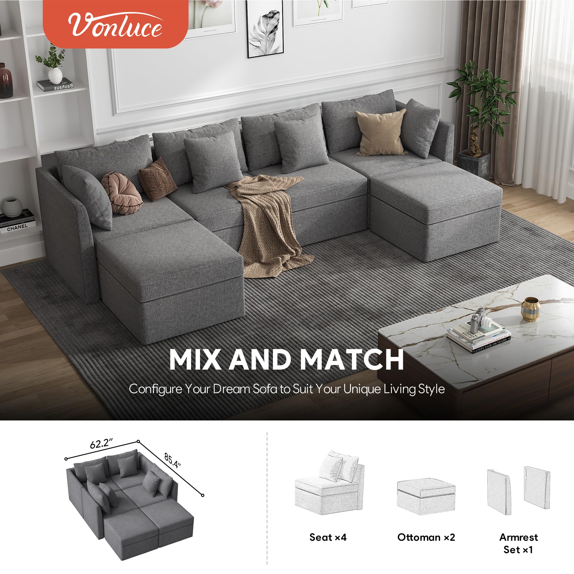 VOLUNCE Modular Sectional Sofa, Convertible U Shaped Couch with Storage Ottoman Throw Pillow, 4 Seat Sofa Set with Double Reversible Chaises, Sectional Sleeper Sofa Bed for Living Room, Beige