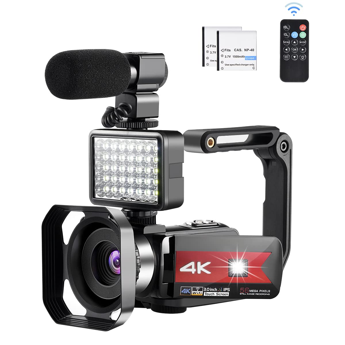 OIEXI 4K Camera for YouTube Videos HD Camcorder with LED Light Digital Vlog Camera with 16X Digital Zoom and Night Vision, Video Recorder with Microphone,(Red,2 Batteries Included)