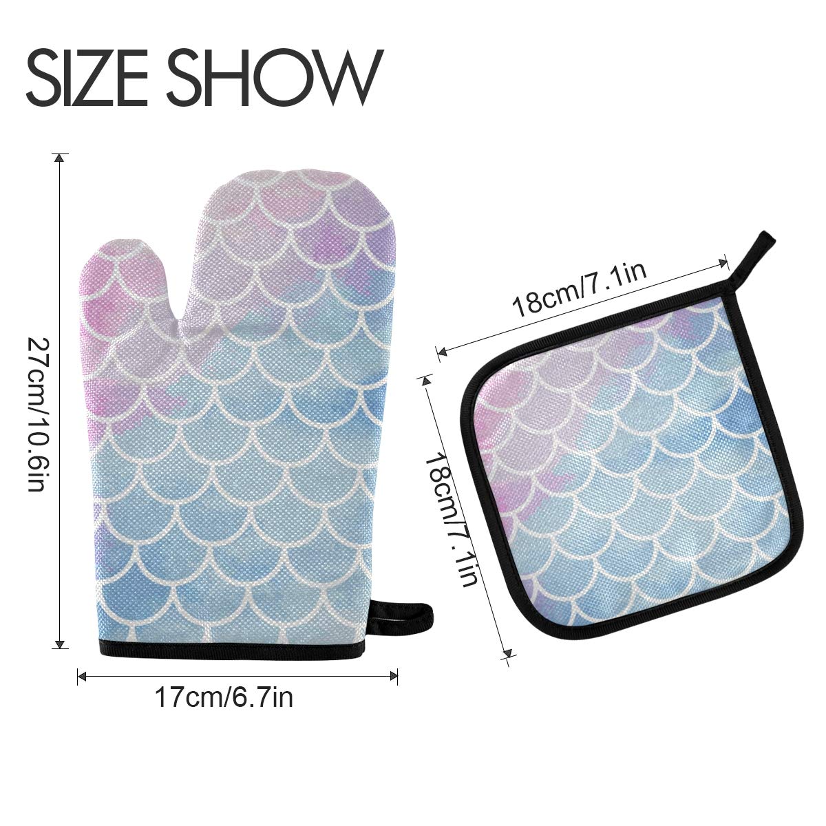 Mermaid Scales Oven Mitts Pot Holders Set Non-Slip Rainbow Fish Scale Cooking Kitchen Gloves Washable Heat Resistant Oven Gloves for Microwave BBQ Baking Grilling Gifts