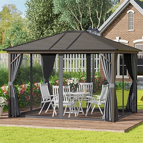 LHLLHL 10' X12' Hardtop Gazebo with Aluminum Frame, with 2 Hooks, Curtains and Netting for Garden, Patio, Backyard, Dark Grey