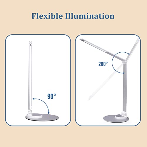 LED Desk Lamp, Dimmable Table Lamp Reading Lamp with USB Charging Port, 18 Lighting Modes,Memory Function, Sensitive Control, Aluminum Alloy Eye-Caring Office Lamp (Silver)